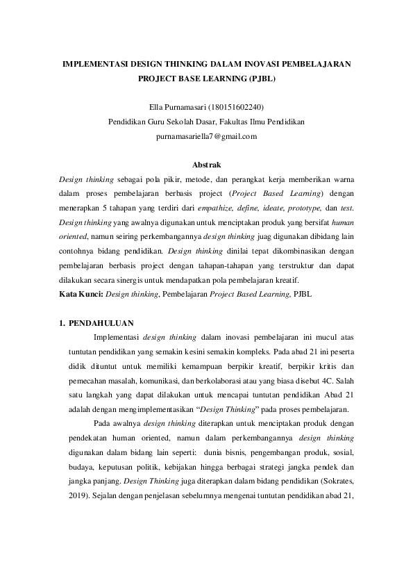 (PDF) IMPLEMENTASI DESIGN THINKING DALAM INOVASI PEMBELAJARAN PROJECT ...
