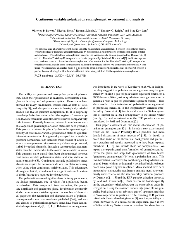 Pdf Continuous Variable Polarization Entanglement Experiment And