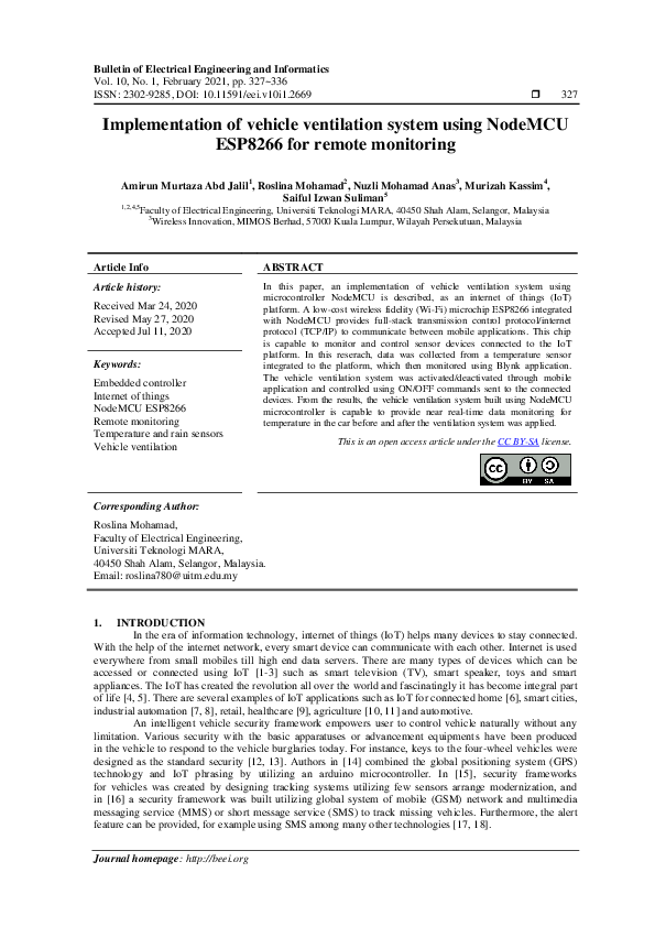 (PDF) Implementation of vehicle ventilation system using NodeMCU ESP8266 for remote monitoring