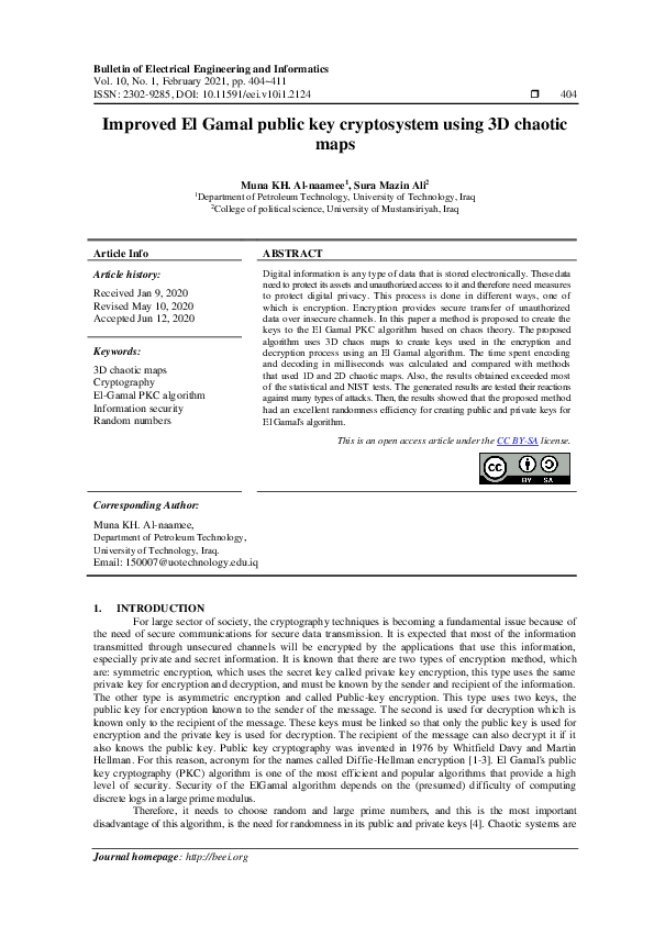 Pdf Improved El Gamal Public Key Cryptosystem Using 3d Chaotic Maps Beei Iaes