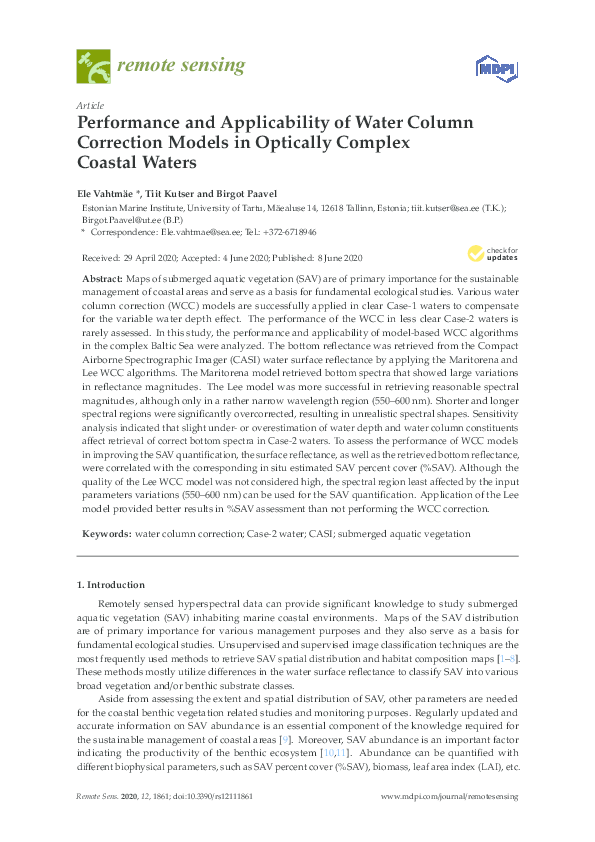 Pdf Performance And Applicability Of Water Column Correction Models In Optically Complex