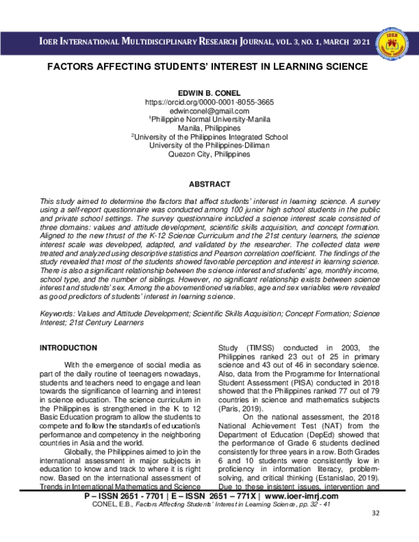 (PDF) Factors Affecting Students' Interest in Learning Science