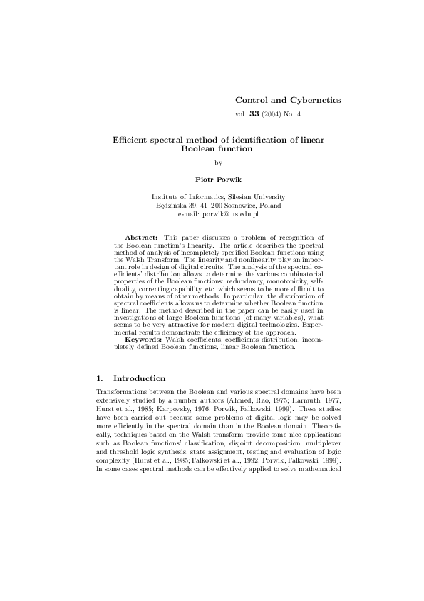 (PDF) Efficient spectral method of identification of linear Boolean function