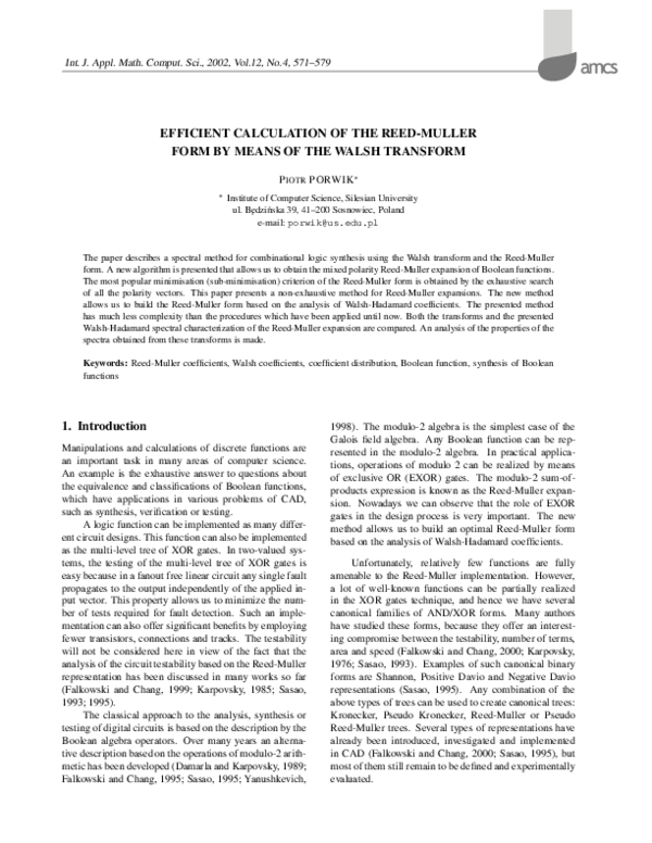 (PDF) Efficient calculation of the Reed-Muller form by means of the