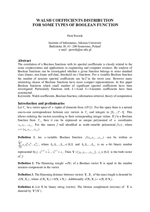 Pdf Distribution Of Walsh Coefficients In Boolean Functions