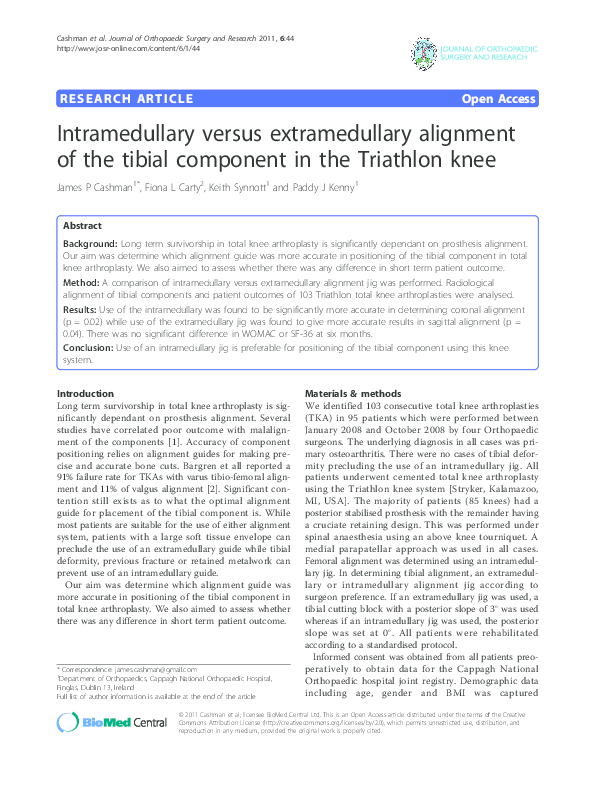 (PDF) Intramedullary versus extramedullary alignment of the tibial component in the Triathlon knee
