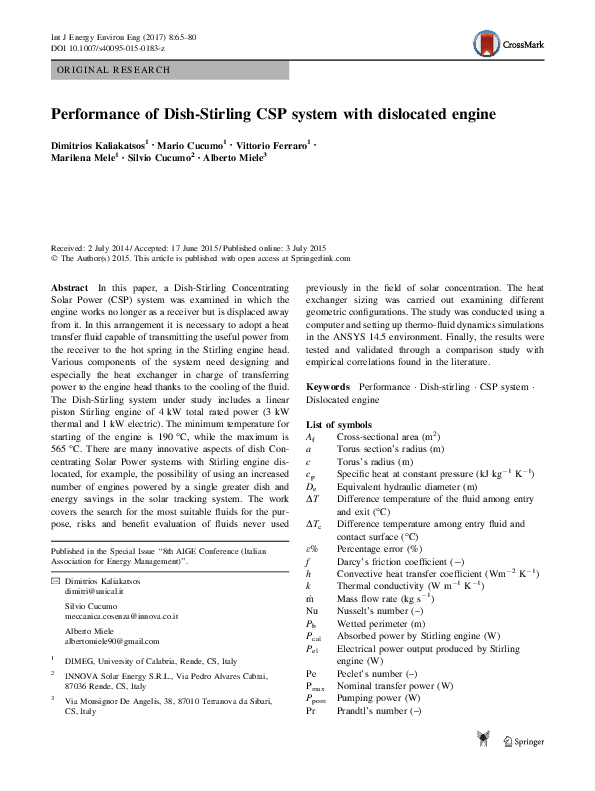 (PDF) Performance of Dish-Stirling CSP system with dislocated engine