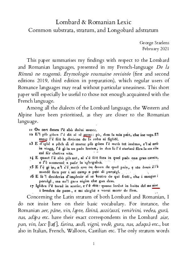 (PDF) Lombard & Romanian Lexic: Common Substrata, Stratum, and ...