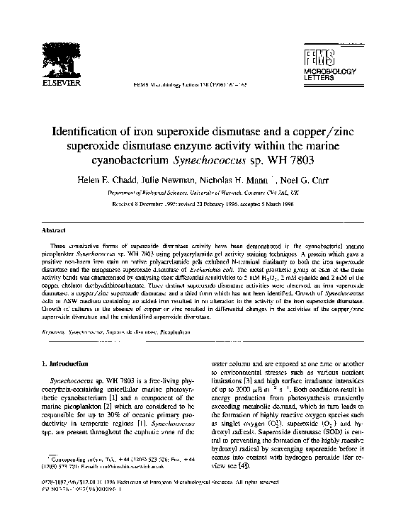 (PDF) Identification of iron Superoxide dismutase and a copper/zinc ...