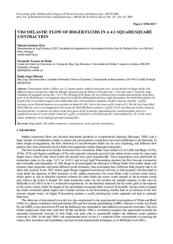(PDF) Viscoelastic Flow of Boger Fluids in a 4: 1 Square/Square Contraction