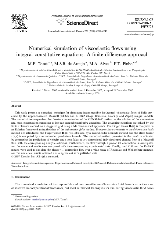 Pdf Numerical Simulation Of Viscoelastic Flows Using Integral Constitutive Equations A Finite