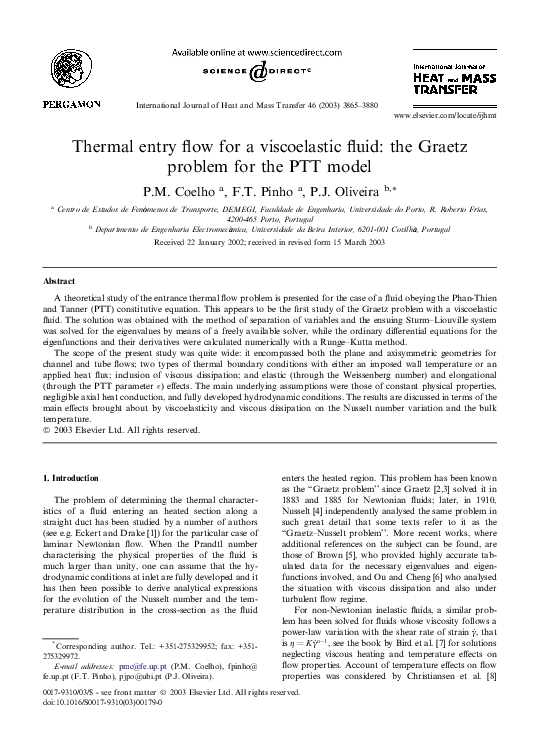 (PDF) Thermal entry flow for a viscoelastic fluid: the Graetz problem ...