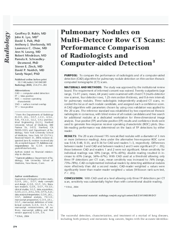Pdf Pulmonary Nodules On Multi Detector Row Ct Scans Performance Comparison Of Radiologists