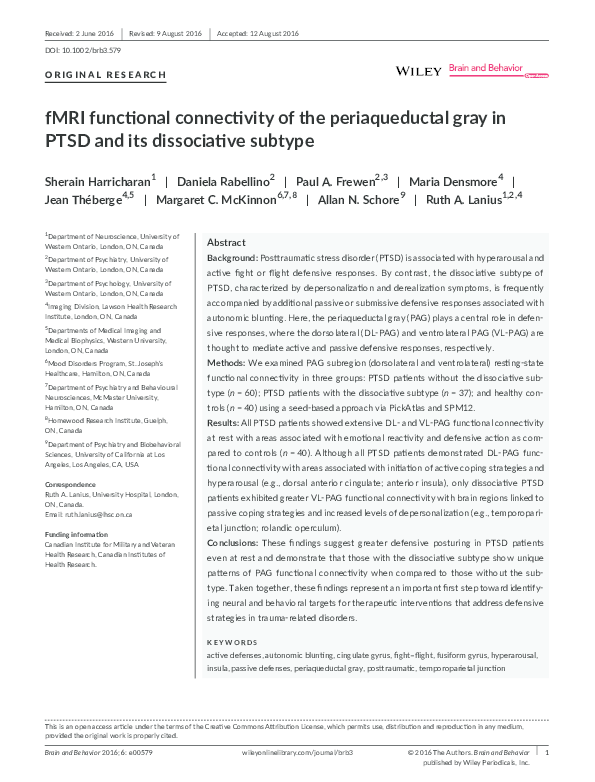 (PDF) fMRI functional connectivity of the periaqueductal gray in PTSD ...