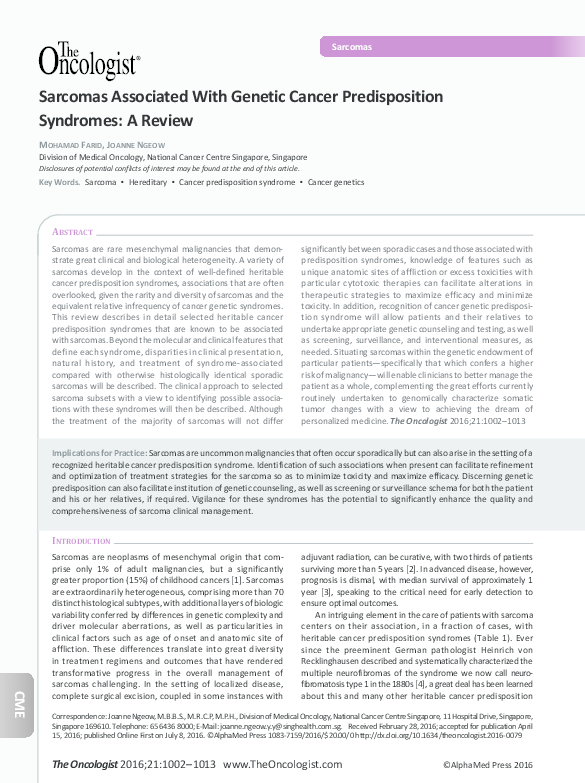 (PDF) Sarcomas Associated With Genetic Cancer Predisposition Syndromes ...