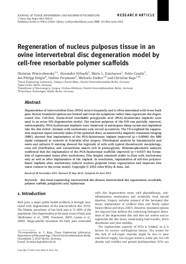 (PDF) Regeneration of nucleus pulposus tissue in an ovine intervertebral disc degeneration model ...