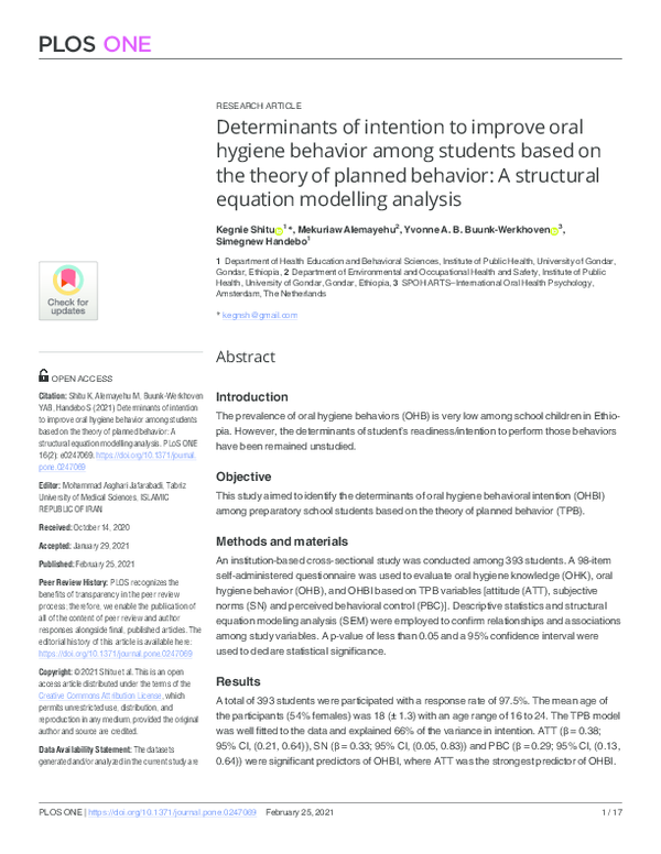 (PDF) Determinants of intention to improve oral hygiene behavior among students based on the ...
