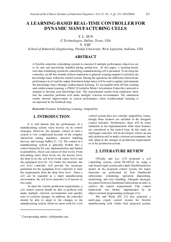 (PDF) A Learning-Based Real-Time Controller for Dynamic Manufacturing Cells