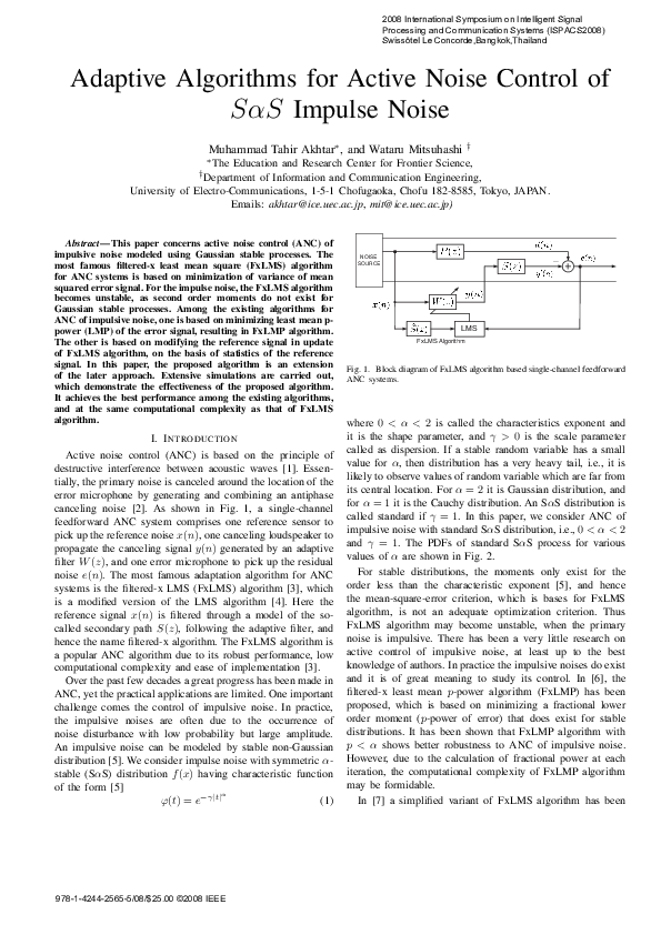 (PDF) Adaptive algorithms for active noise control of SαS impulse noise