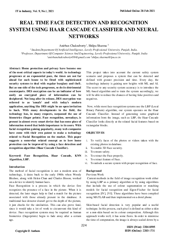 Pdf Real Time Face Detection And Recognition System Using Haar Cascade Classifier And Neural