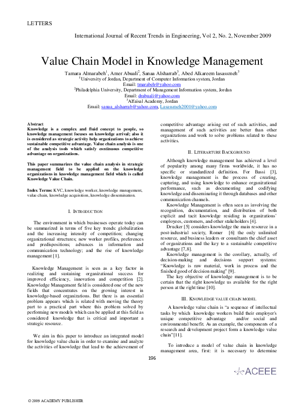 (PDF) Value Chain Model in Knowledge Management
