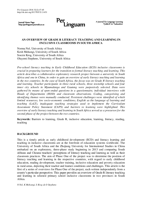 (PDF) An overview of Grade R literacy teaching and learning in ...