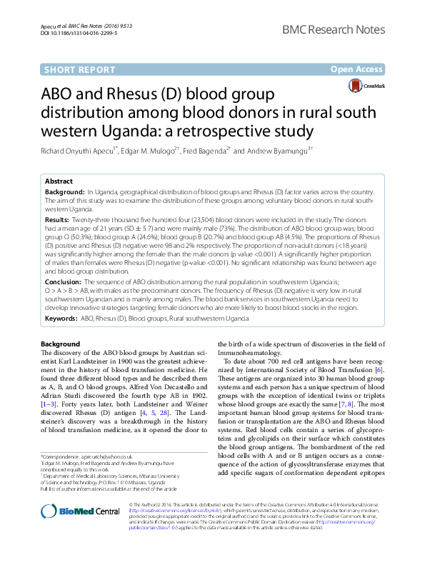 (PDF) ABO and Rhesus (D) blood group distribution among blood donors in ...