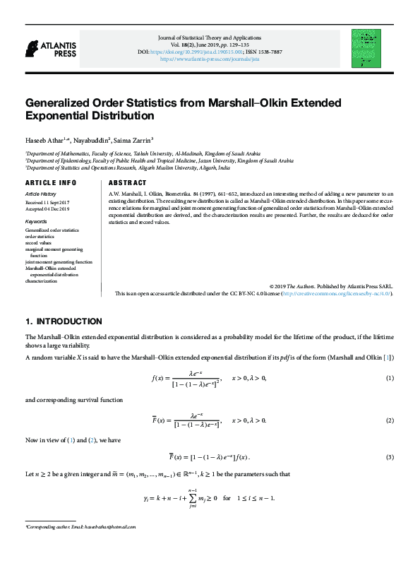 Pdf Generalized Order Statistics From Marshall Olkin Extended Exponential Distribution