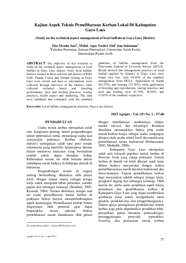 (PDF) Kajian Aspek Teknis Pemeliharaan Kerbau Lokal Di Kabupaten Gayo Lues