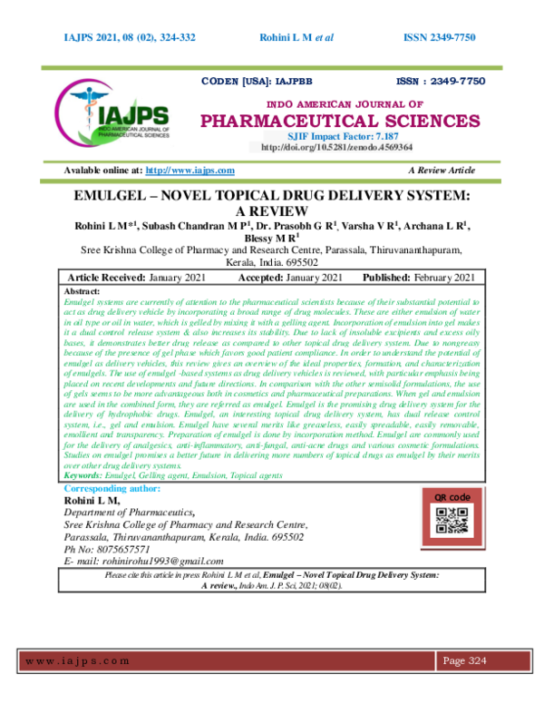 (PDF) EMULGEL -NOVEL TOPICAL DRUG DELIVERY SYSTEM: A REVIEW