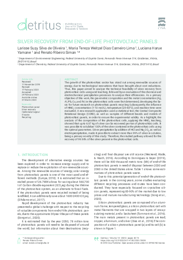 (PDF) Silver Recovery from End-Of-Life Photovoltaic Panels