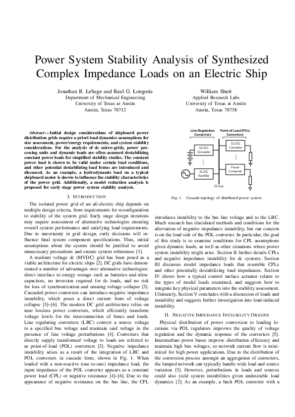 (PDF) Power system stability analysis of synthesized complex impedance loads on an electric ship