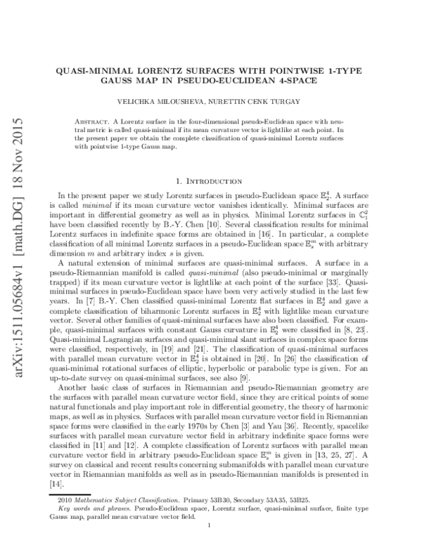 (PDF) Quasi-minimal Lorentz surfaces with pointwise 1-type Gauss map in pseudo-Euclidean 4-space