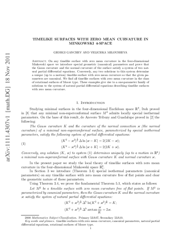 (PDF) Timelike surfaces with zero mean curvature in Minkowski 4-space