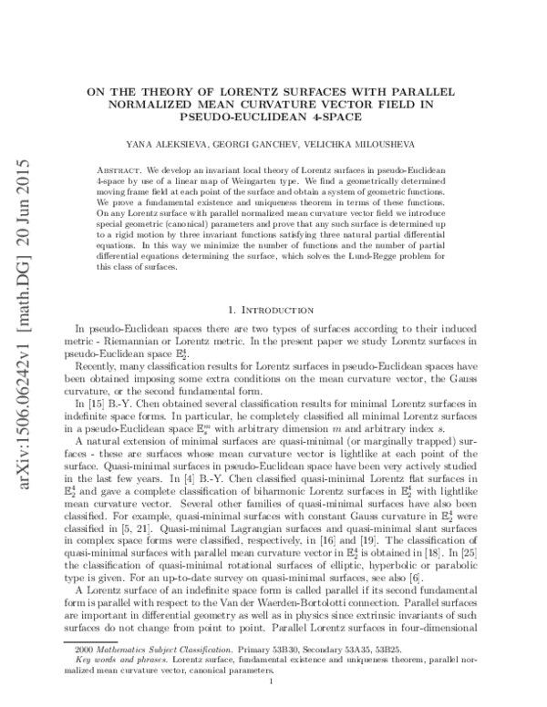 Pdf On The Theory Of Lorentz Surfaces With Parallel Normalized Mean Curvature Vector Field In