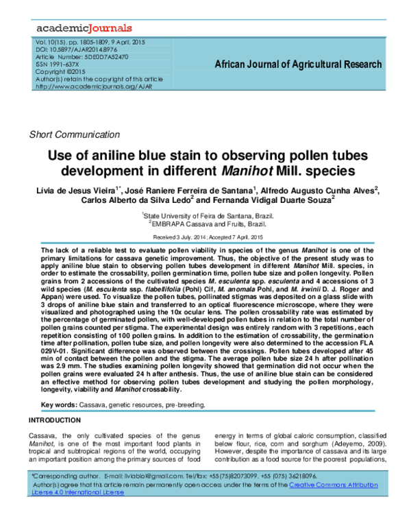 (PDF) Use of aniline blue stain to observing pollen tubes development in different Manihot Mill ...