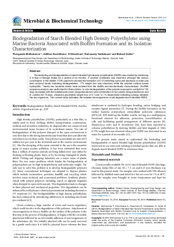(PDF) Biodegradation of Starch Blended High Density Polyethylene using Marine Bacteria ...