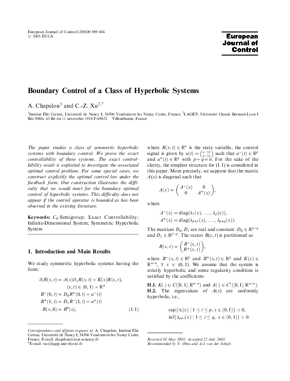 (PDF) Boundary Control of a Class of Hyperbolic Systems