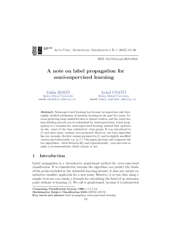 (PDF) A note on label propagation for semi-supervised learning