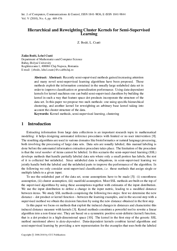 (PDF) Hierarchical and Reweighting Cluster Kernels for Semi-Supervised Learning
