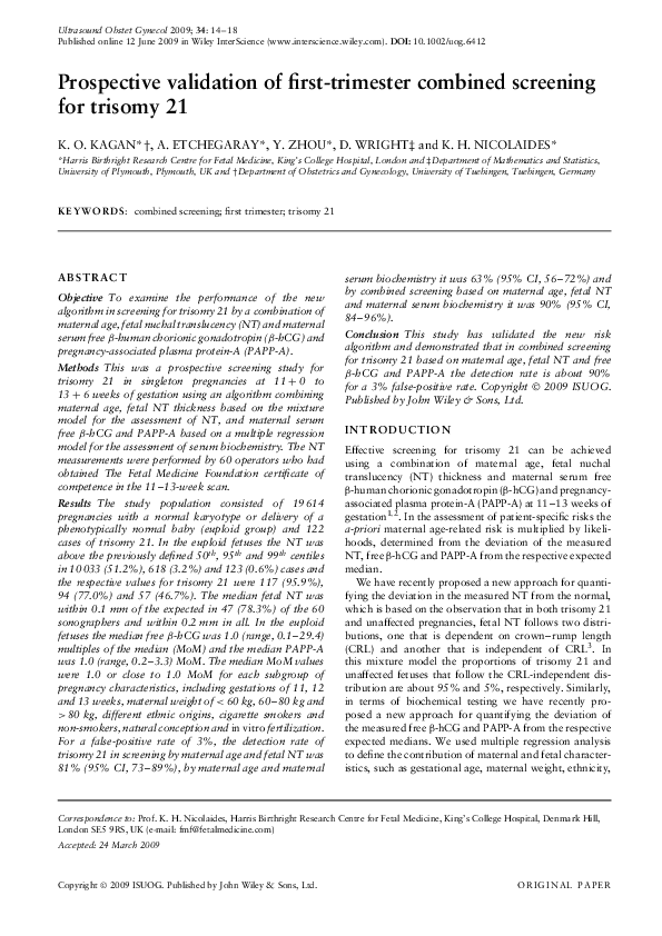 (PDF) Prospective validation of first-trimester combined screening for ...