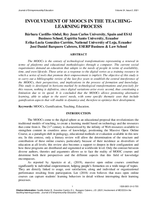 (PDF) Involvement of MOOCS in the teaching-learning process