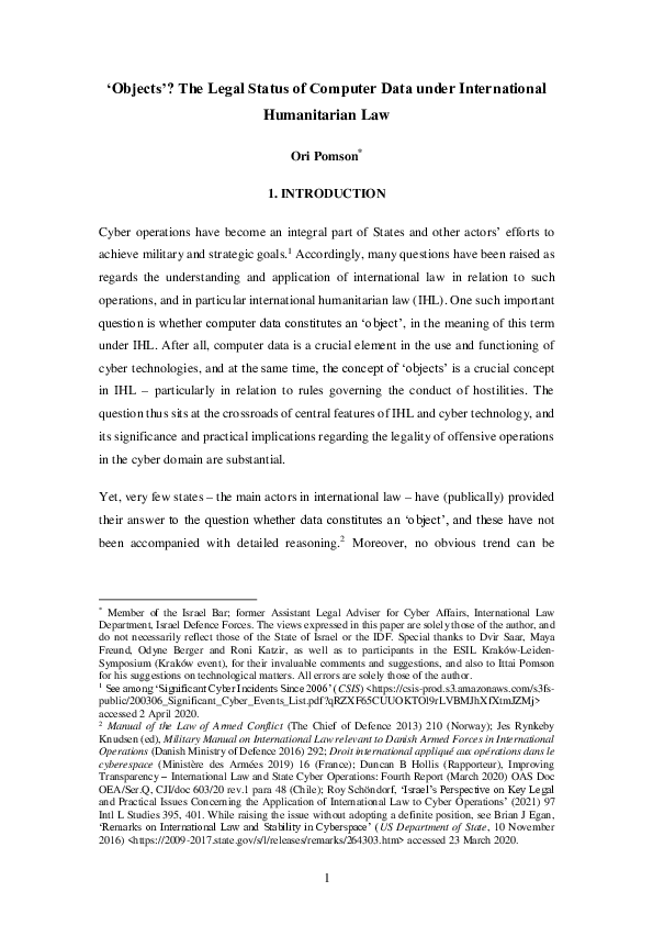 (PDF) 'Objects'? The Legal Status of Computer Data under International ...