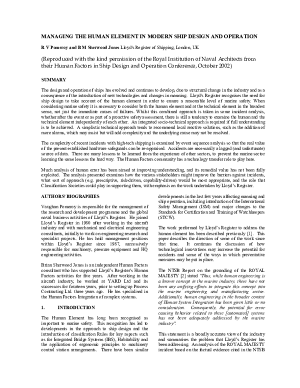 (PDF) Managing the human element in modern ship design and operation