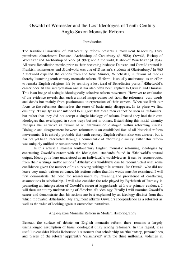 (PDF) Oswald of Worcester and the Lost Ideologies of Tenth-Century ...