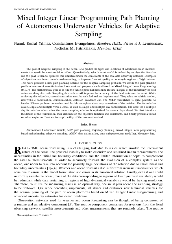(PDF) Mixed Integer Linear Programming Path Planning of Autonomous Underwater Vehicles for ...