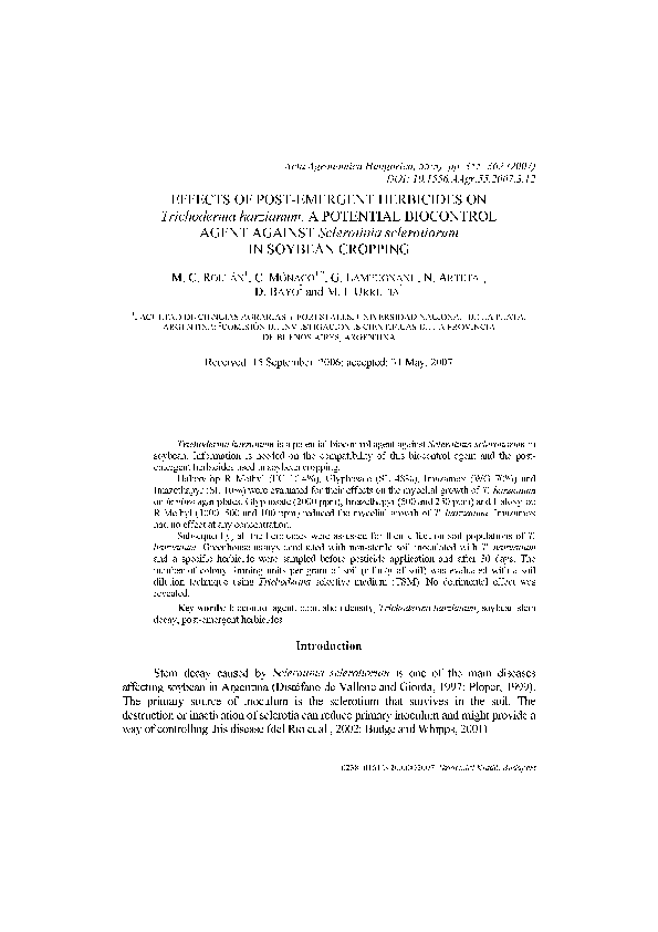 (PDF) Effects of post-emergent herbicides on Trichoderma harzianum , a potential biocontrol ...