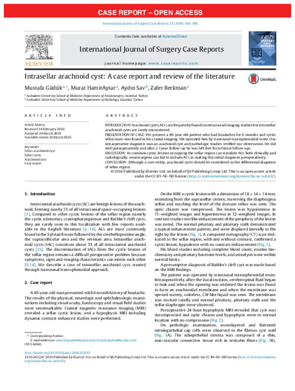 (PDF) [Intrasellar arachnoid cyst. A case report and review of the ...