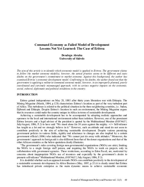 (PDF) Command Economy as Failed Model of Development Lessons Not Yet Learned : The Case of Eritrea