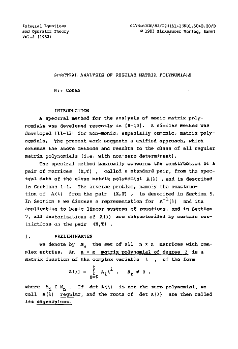 (PDF) Spectral analysis of regular matrix polynomials
